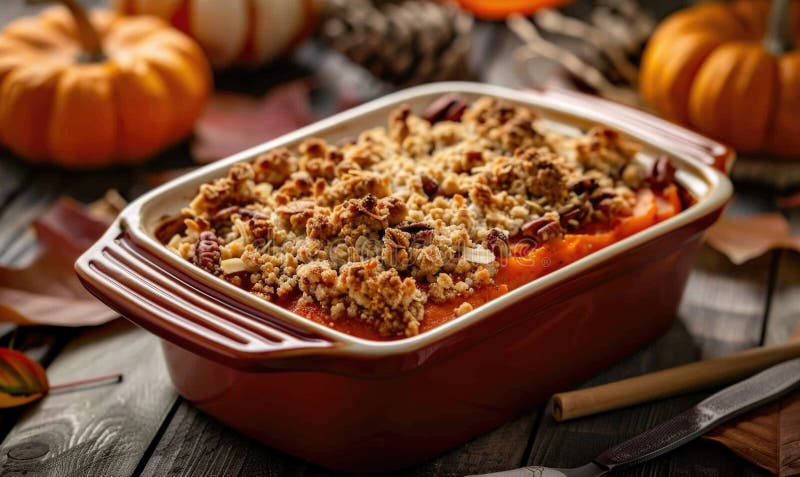 A Pumpkin Crumble with a Crunchy Topping in a Baking Dish Stock Photo ...