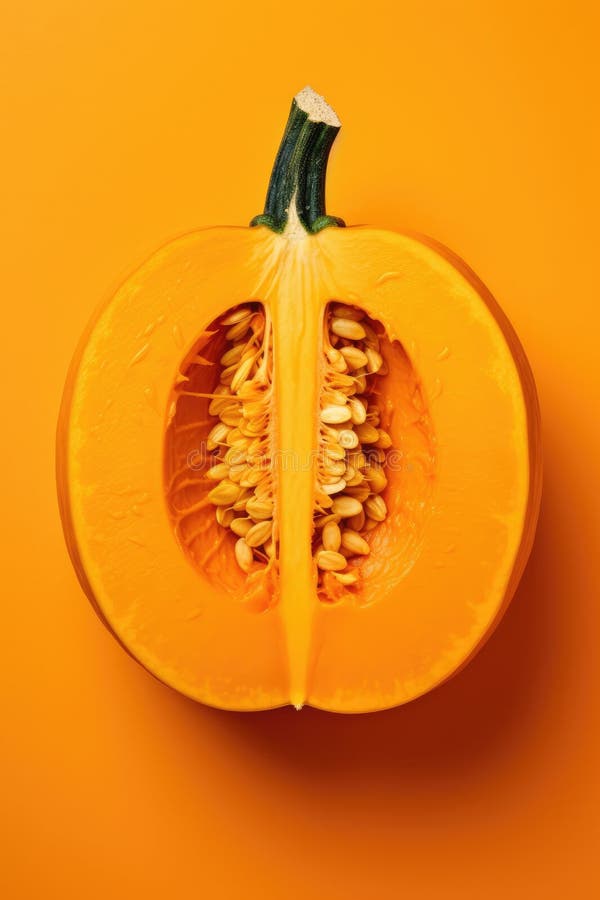 Pumpkin Cut in Half on Orange Background. Top View Stock Photo - Image ...