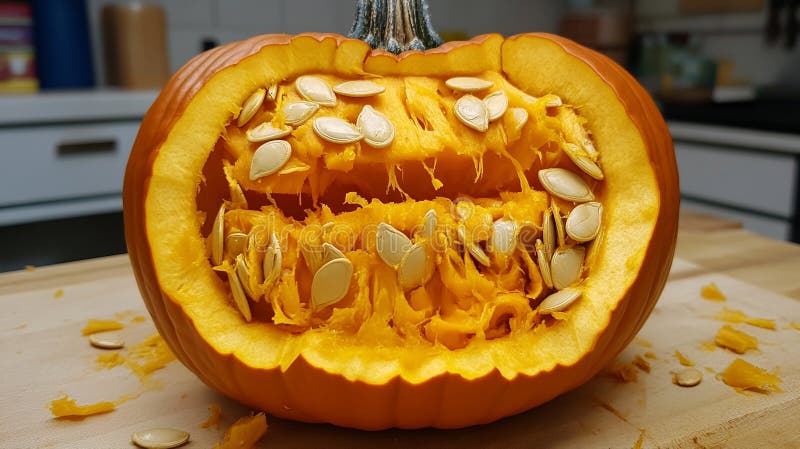 A Pumpkin is Cut Open and Has Seeds Scattered Throughout Stock ...