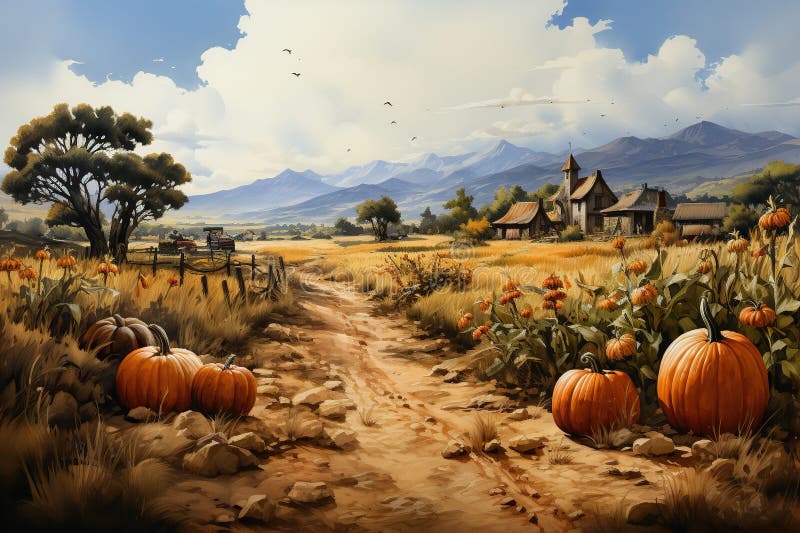 Pumpkin Farm, Panoramic View, 3d Rendering AI Generated Generative AI ...
