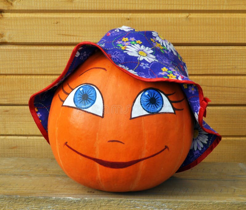 Pumpkin with Female Face in a Panama Stock Photo - Image of amusing ...