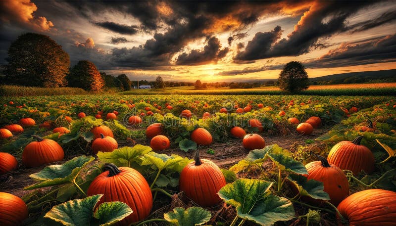 A Pumpkin Field Against a Cloudy Evening Sky. AI Generated Stock Photo ...