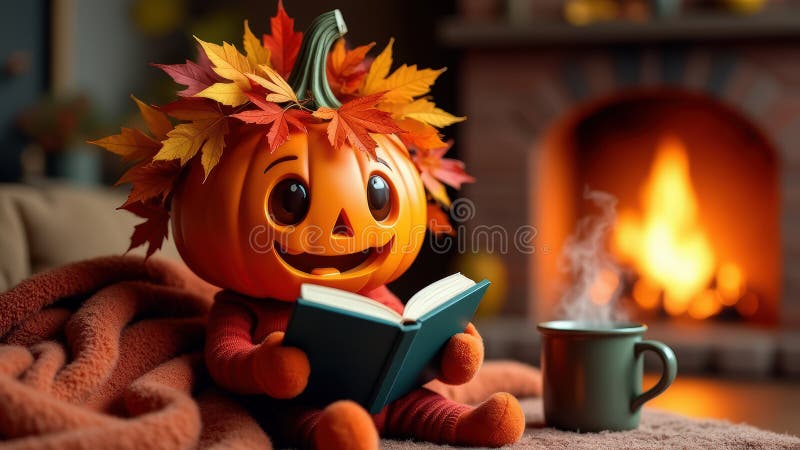 Pumpkin Figure Reading Book by Fireplace Stock Image - Image of comfort ...