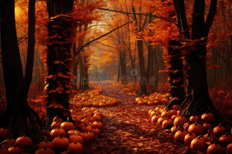 Pumpkin-filled Autumn Forest with a Carpet of Vibrant Leaves Stock ...