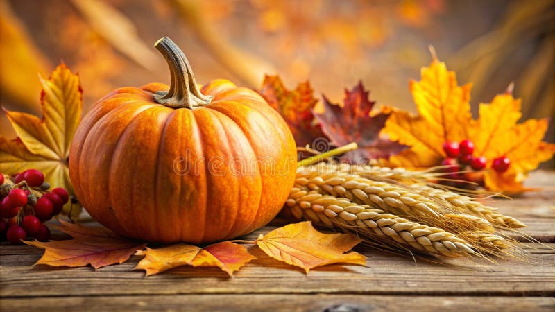 Pumpkin Fruit with an Autumn Theme with Maple Leaves and Wheat ...