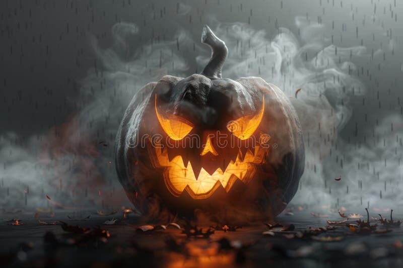 A Pumpkin with a Glowing Face in the Rain, Perfect for Halloween ...