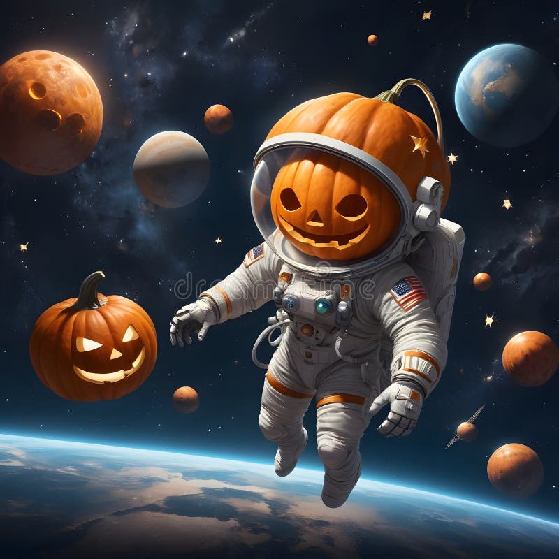Pumpkin-Headed Astronaut in Outer Space with Planets – Halloween Sci-Fi ...