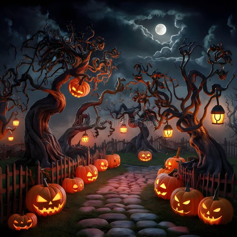 Pumpkin Lanterns Hanging from Spooky Trees in a Halloween Garden Stock ...
