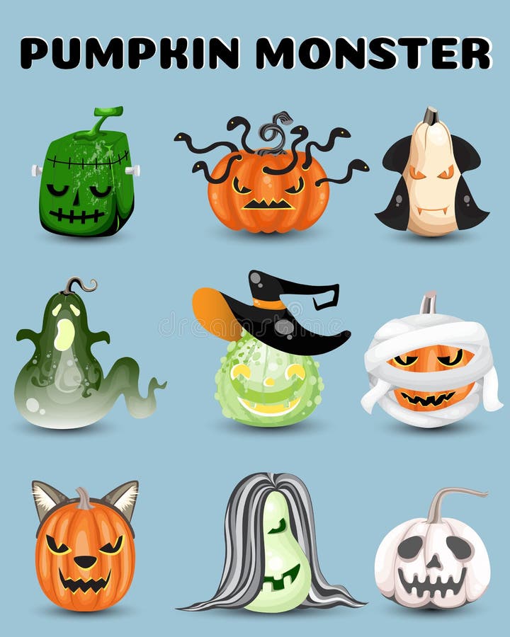 Pumpkin monsters Icon set stock vector. Illustration of decoration ...