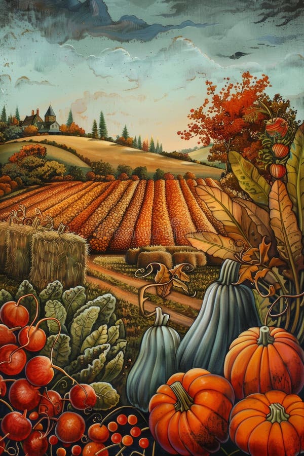 Pumpkin Patch Border with Autumn Harvest Vegetables and Haystacks Stock ...