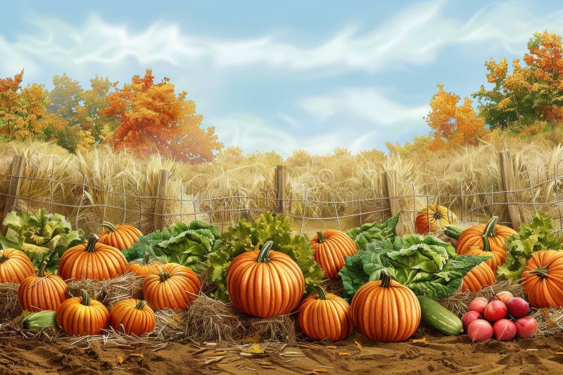 Pumpkin Patch Border with Harvest Vegetables and Haystacks Stock ...