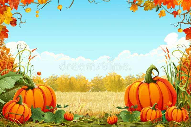 Pumpkin Patch Border with Harvest Vegetables and Haystacks Stock ...