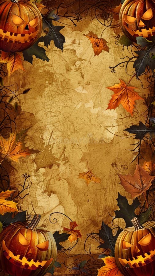 Pumpkin Patch Border with Jack-o -Lanterns and Fall Leaves Stock ...