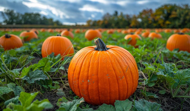 Pumpkin Patch in Fall. a Close-up of a Ripe Orange Pumpkin in a Field ...