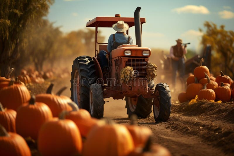 Pumpkin Patch Farmer Using a Vintage Tractor To Stock Illustration ...