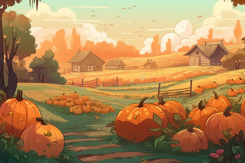 Pumpkin Patch Field Drawing Stock Illustration - Illustration of flower ...