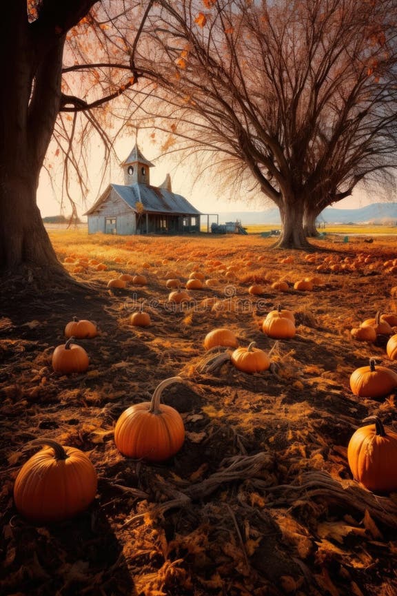 Pumpkin Patch in a Field with Fallen Leaves Stock Illustration ...