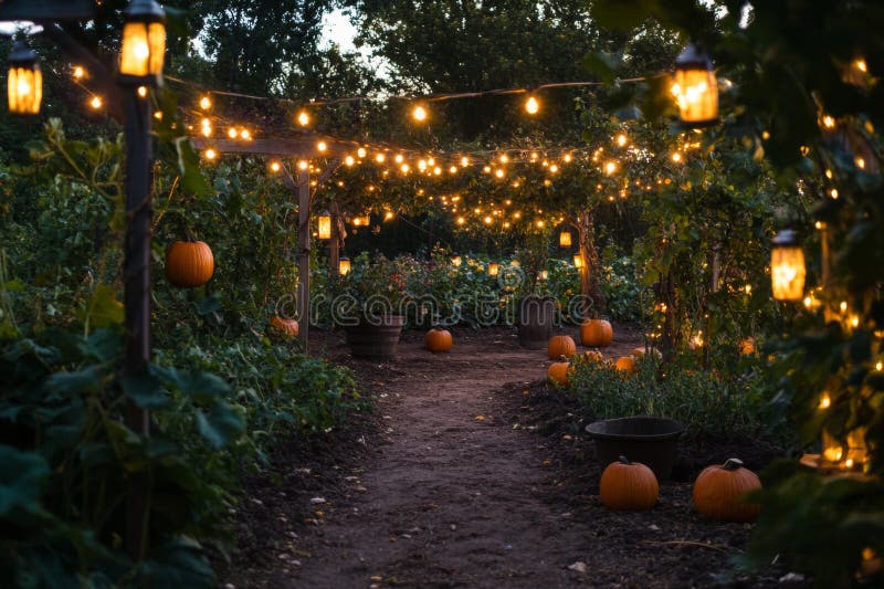 Pumpkin Patch Pathway Illuminated by String Lights and Lanterns Stock ...