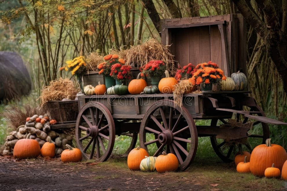 Pumpkin Patch with a Rustic Wooden Wagon and Fall Foliage Stock Illustration - Illustration of ...