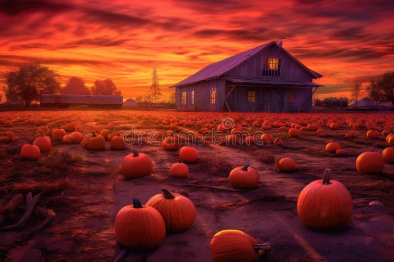 Pumpkin Patch at Sunset with Vivid Orange and Red Hues Stock ...