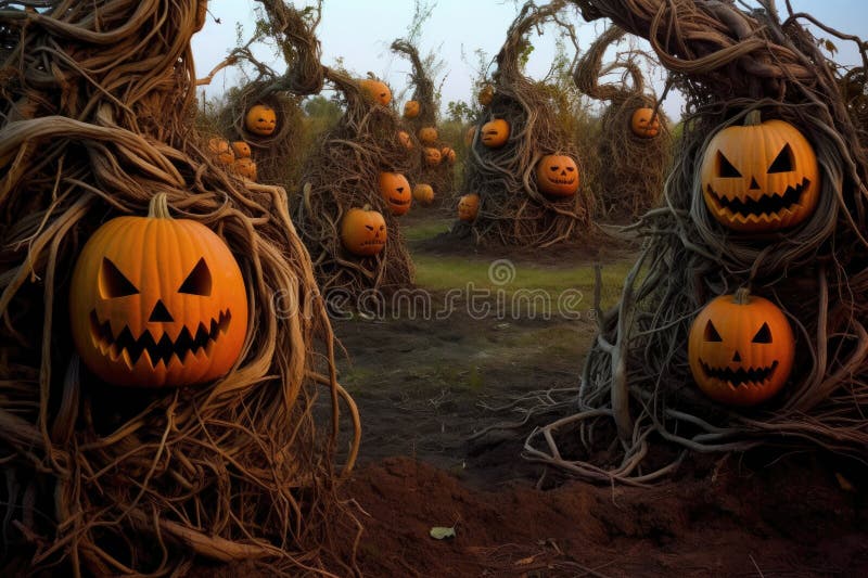 Pumpkin Patch with Twisted Vines and Sinister Faces Stock Illustration ...