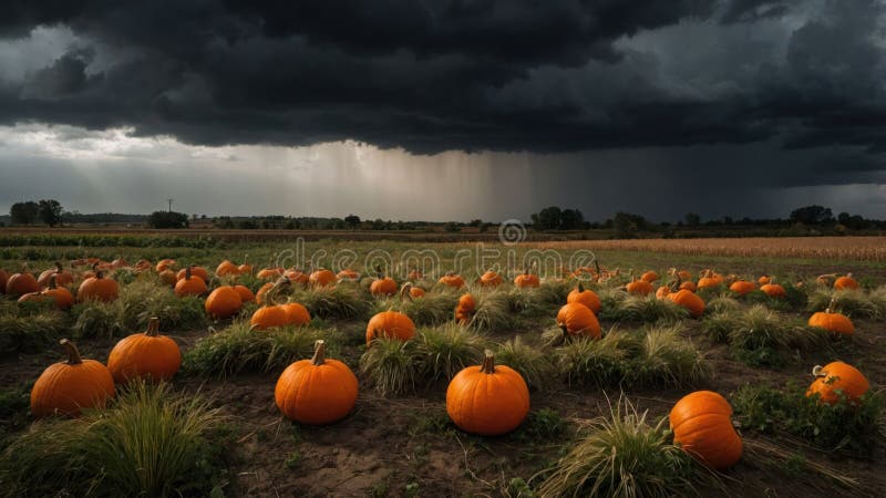 Autumn Pumpkin Patch Under a Dramatic Stormy Sky Stock Illustration ...