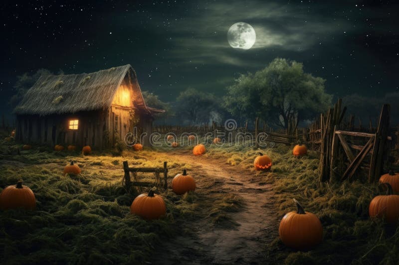 Pumpkin Patch Under a Full Moon on a Starry Night Stock Illustration ...