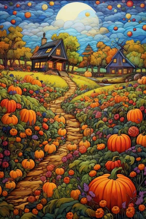 Pumpkin Patch with a Variety of Shapes and Colors Stock Illustration ...