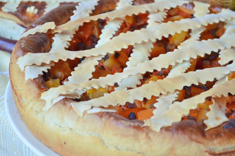 Pumpkin Pie on the Table, Side View, Top Decorated with Strips of Dough ...