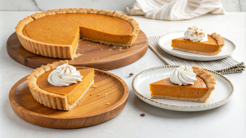 Pumpkin Pie Trio Whole, Slice, and Mini with Whipped Cream Stock ...