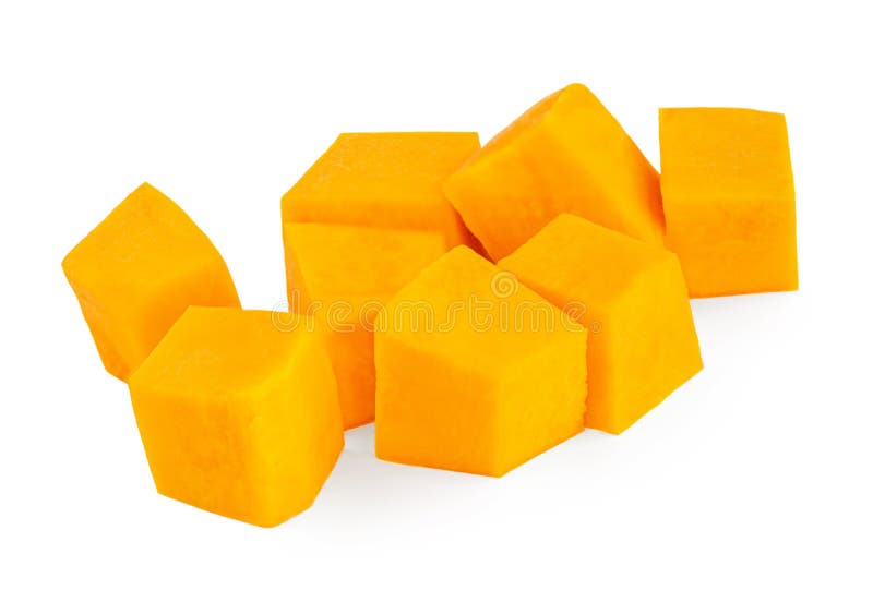 Pumpkin Pieces Cut in a Cube Chunks Isolated on White Background Stock ...