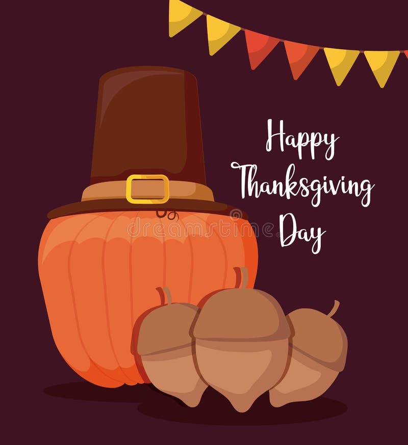 Pumpkin with Pilgrim Hat and Nut of Thanksgiving Stock Vector ...