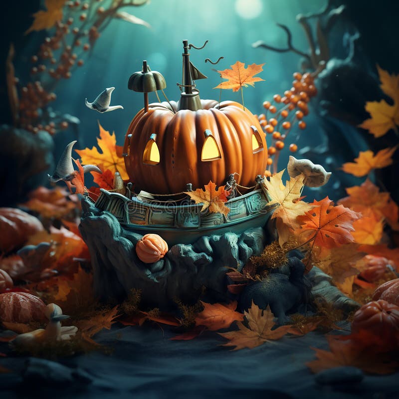 Pumpkin with a Pirate Ship Style Carving in Fall Decor. Stock ...