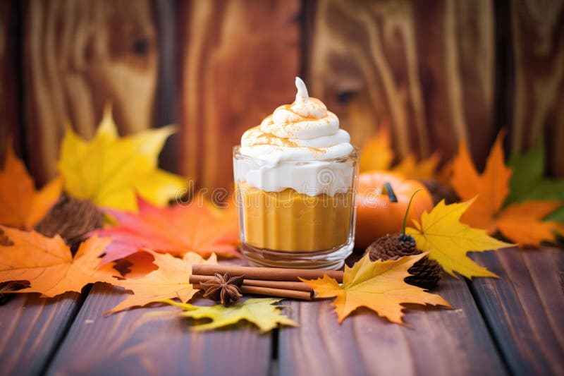 Pumpkin Pudding with Whipped Cream, Autumn Leaves Around Stock Image ...