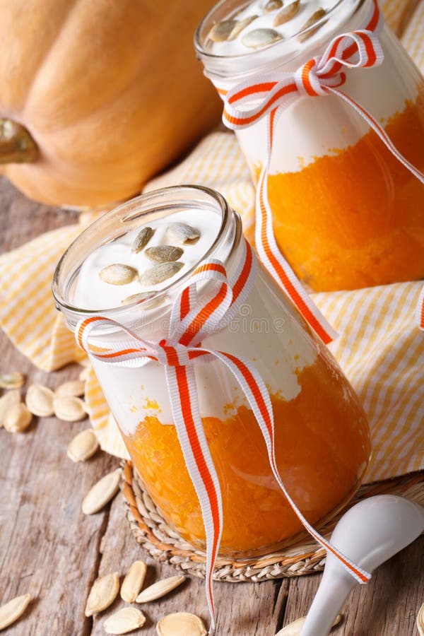 Pumpkin Puree with Yogurt and Seeds Closeup Stock Photo - Image of ...