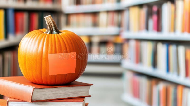 Pumpkin on Books in a Library Setting with Blurred Bookshelves in ...