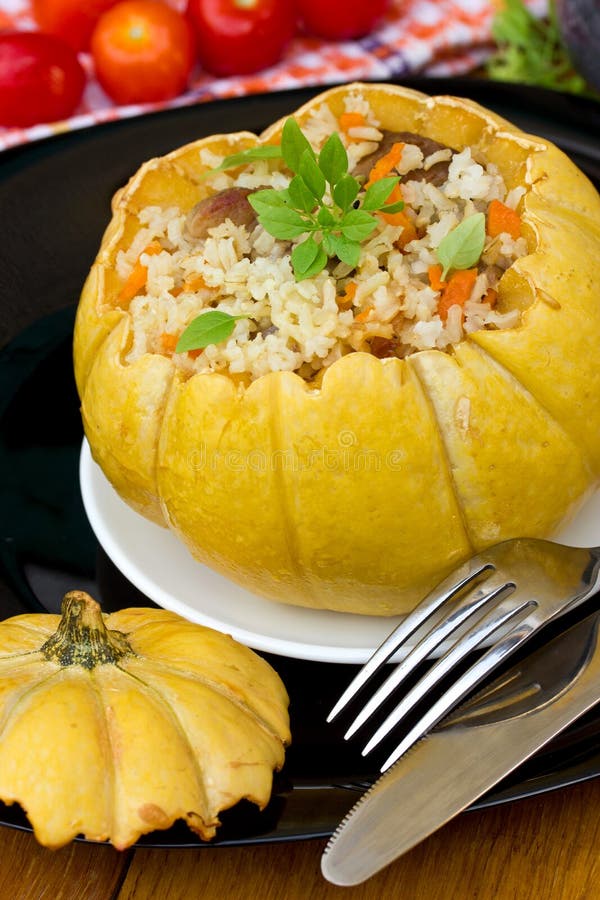Pumpkin with rice and meat stock image. Image of large - 66777009