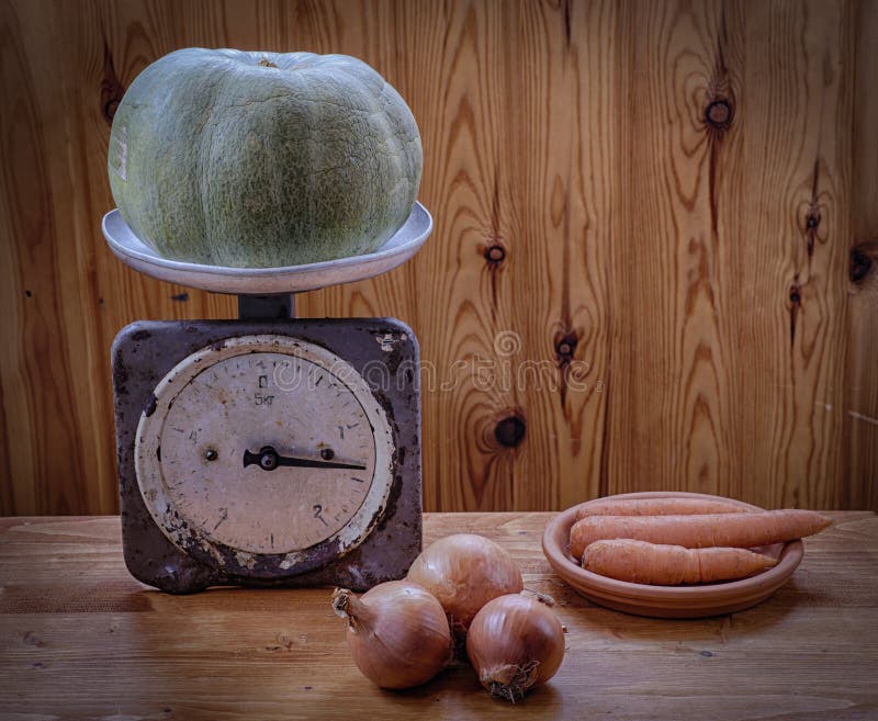 Pumpkin on the scales. stock image. Image of horizontal - 111773359