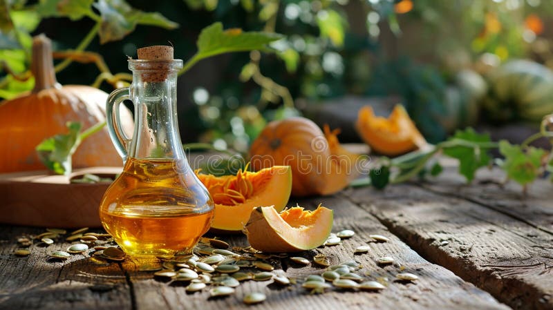 Pumpkin Seed Oil on a Table in the Garden. Selective Focus Stock Image ...