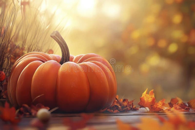 Pumpkin Sits on Table with Autumn Leaves. Fall Harvest Theme Stock ...