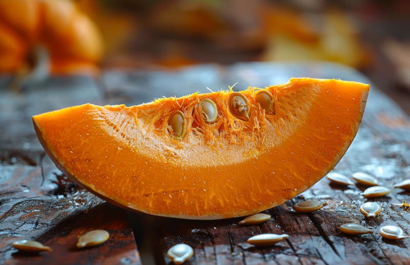 Pumpkin Slice and Seeds on Wooden Surface Stock Photo - Image of ...