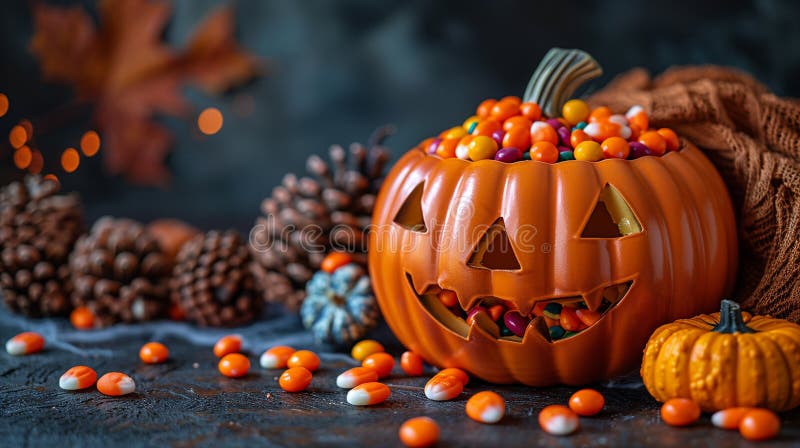 A Pumpkin with a Smiley Face and a Bowl of Candy Inside Stock ...