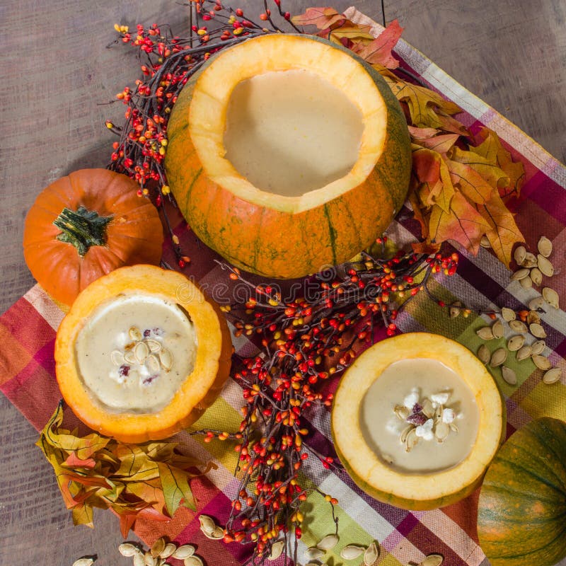Pumpkin Soup with Fall Decorations Stock Photo - Image of celebration ...