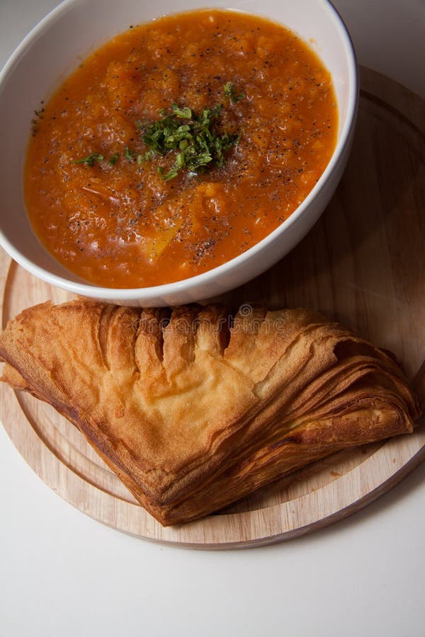 Pumpkin Soup with Puff Pastry Bun Stock Photo - Image of november ...
