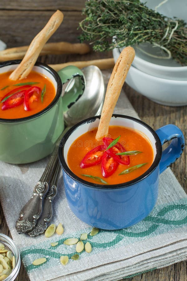 Pumpkin Soup Puree with Hot Pepper and Herbs Stock Image - Image of ...