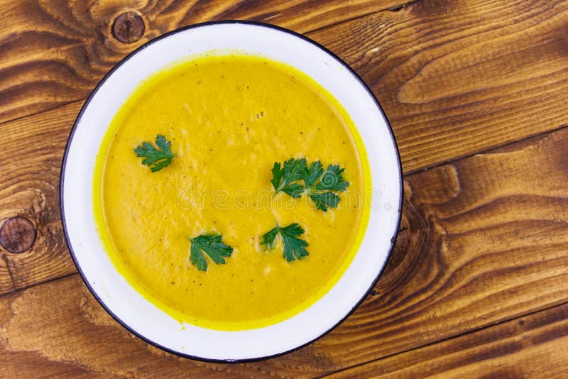 Pumpkin Soup on Wooden Table. Top View Stock Photo - Image of gourmet ...