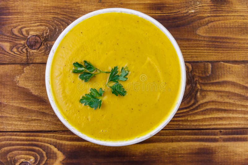 Pumpkin Soup on Wooden Table. Top View Stock Image - Image of cooked ...