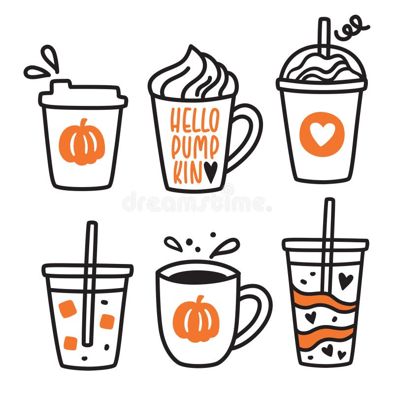 Pumpkin Spice Latte Coffee Drawing Vector Illustration Set Stock Vector ...