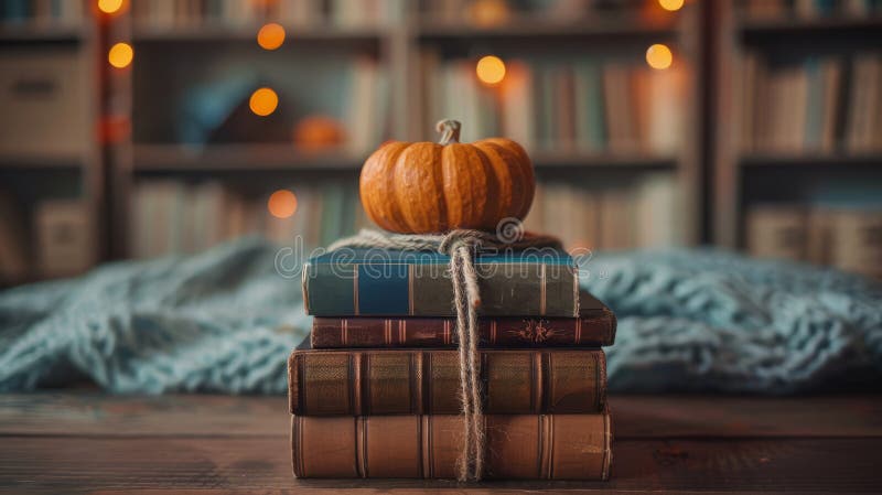 Pumpkin on a Stack of Books, Cozy Home Library Scene. Stock Photo ...
