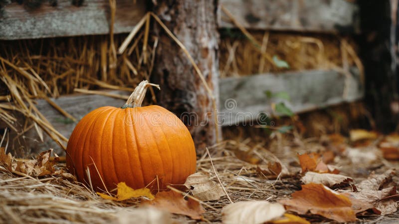 Pumpkin on Straw-covered Ground with Autumn Leaves. Rustic Background ...